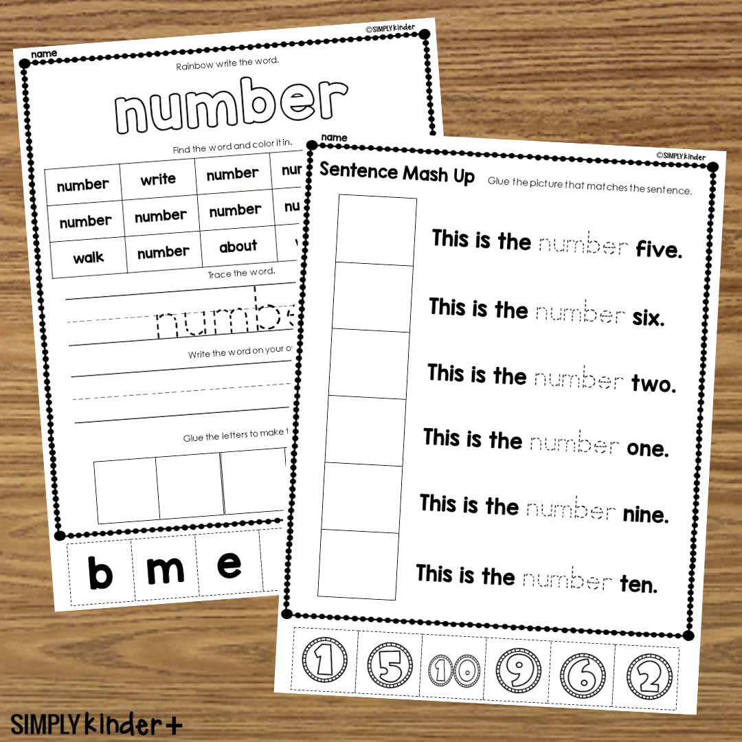 Number - Sight Word Cut & Glue Activities - Simply Kinder Plus