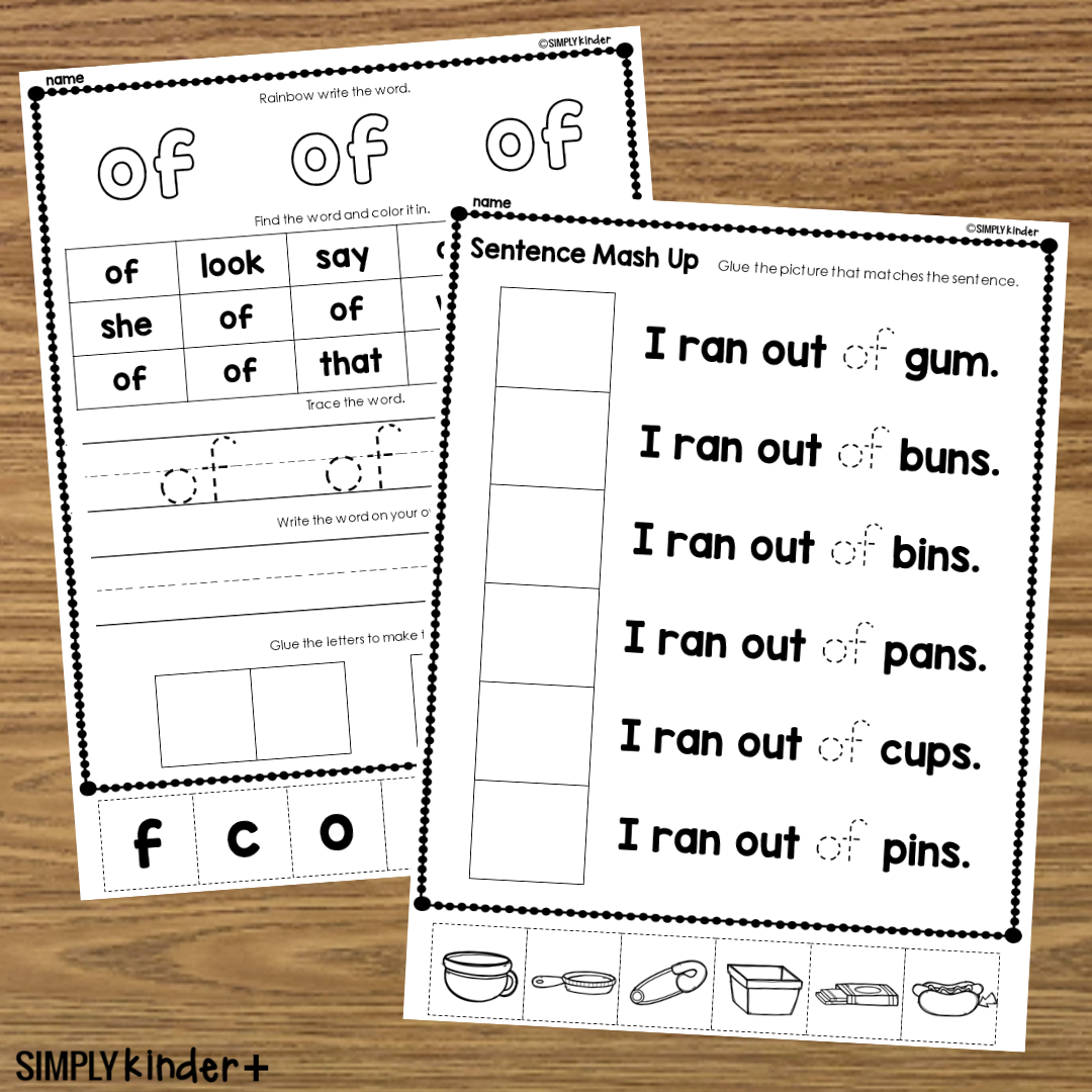 Of - Sight Word Cut & Glue Activities - Simply Kinder + Printable ...