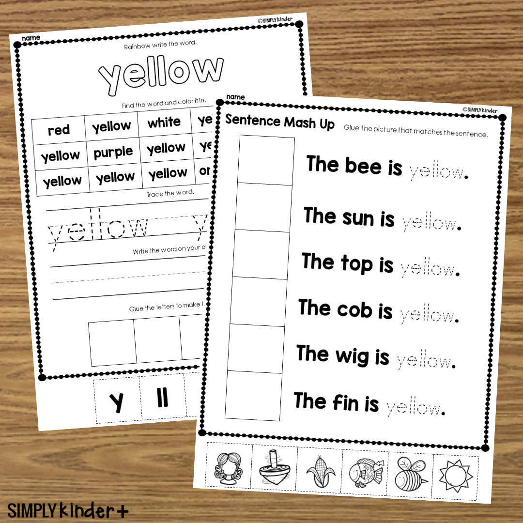 Yellow - Sight Word Cut & Glue Activities - Simply Kinder + Printable ...