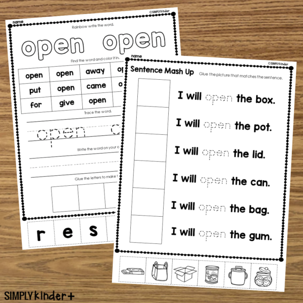 Open - Sight Word Cut & Glue Activities - Simply Kinder + Printable ...