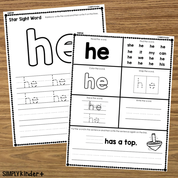 He - Sight Word Printable Activities - Simply Kinder + Printable Membership
