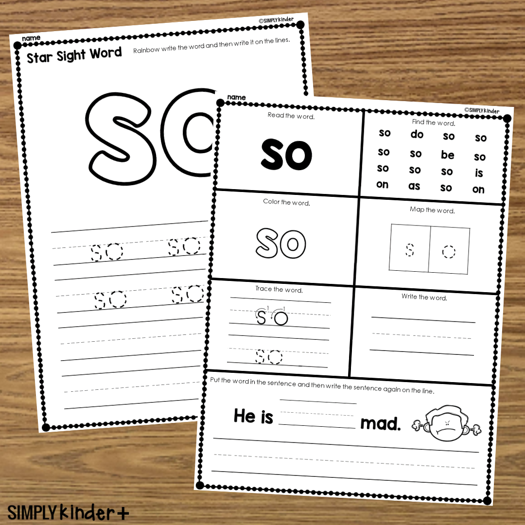So - Sight Word Printable Activities - Simply Kinder + Printable Membership
