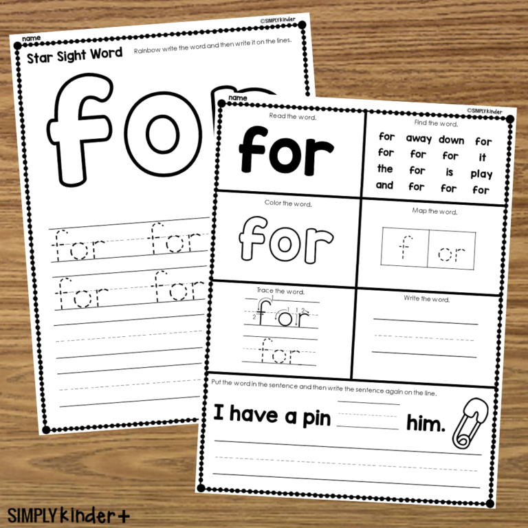 For - Sight Word Printable Activities - Simply Kinder + Printable ...