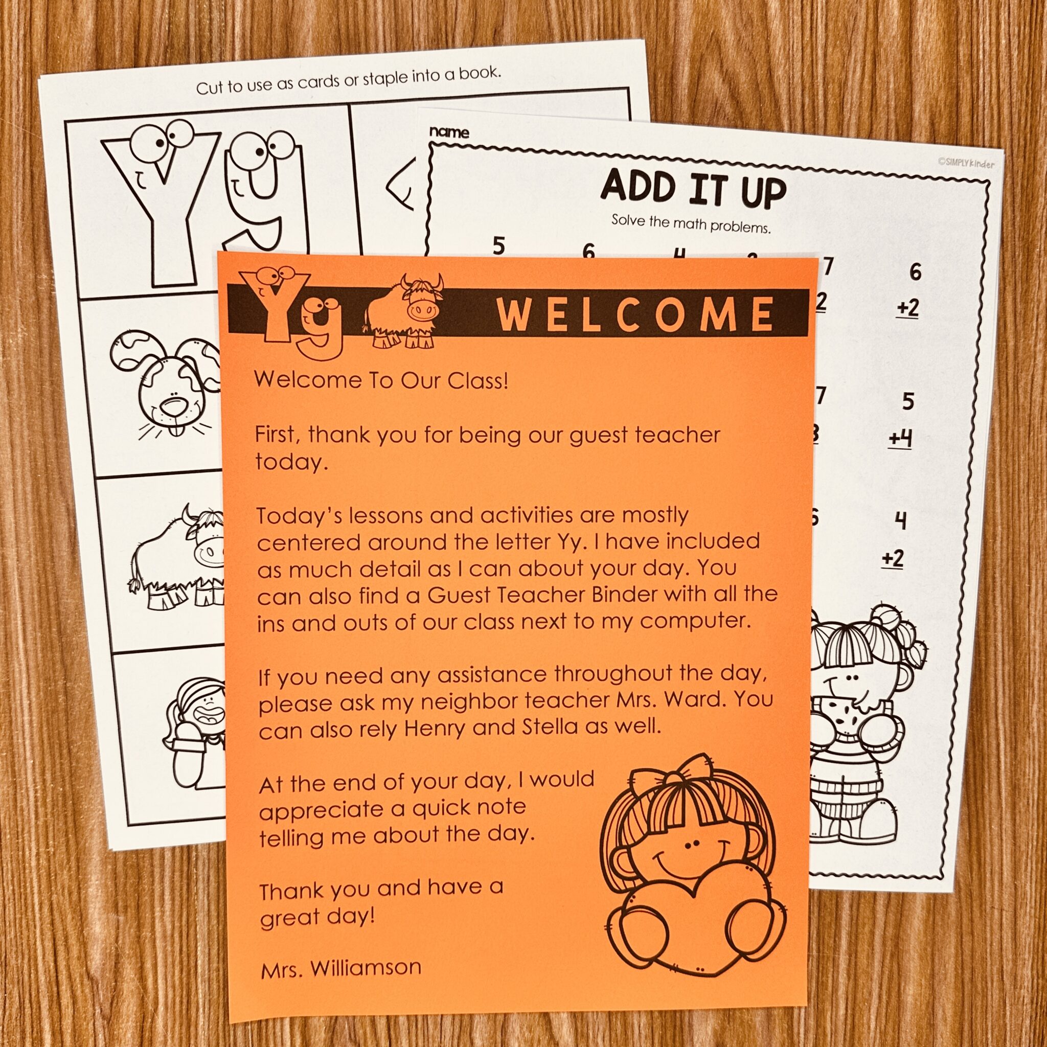 Editable Letter Y Themed Sub Plans - Simply Kinder + Printable Membership