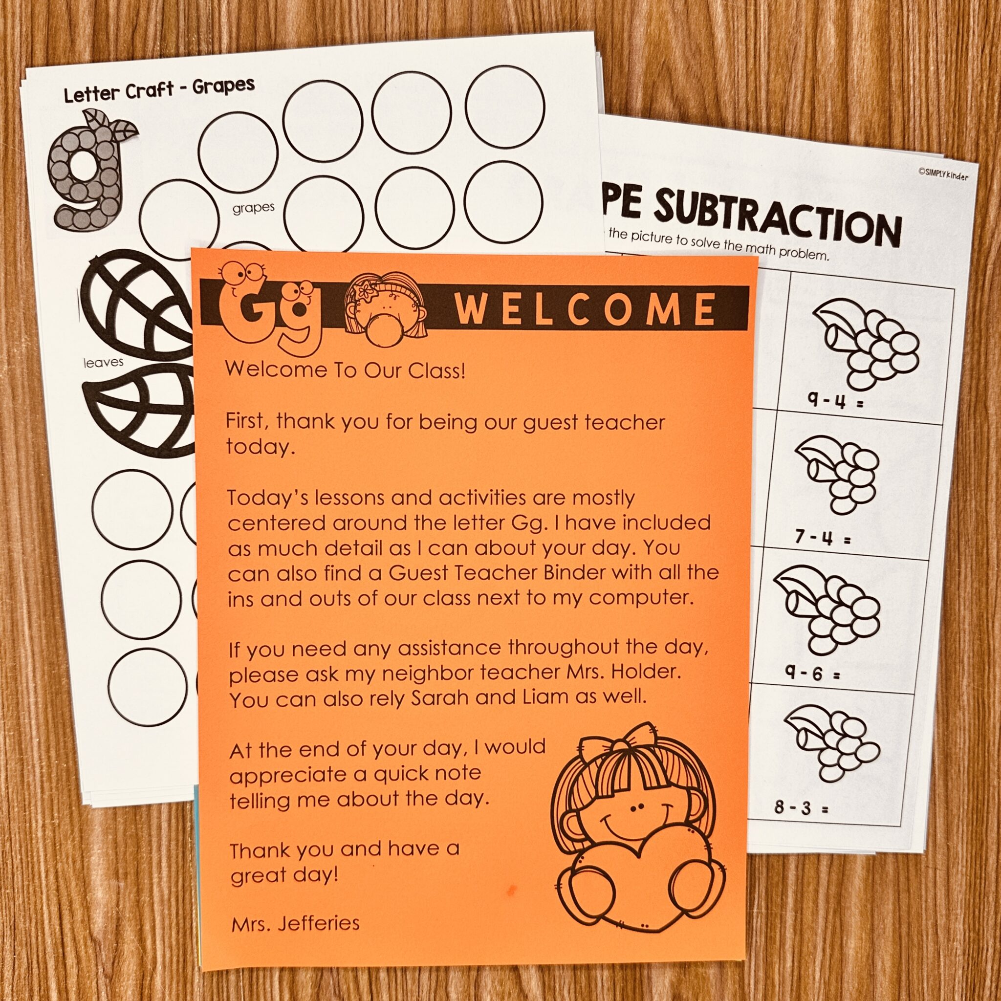 Editable Letter G Themed Sub Plans - Simply Kinder + Printable Membership