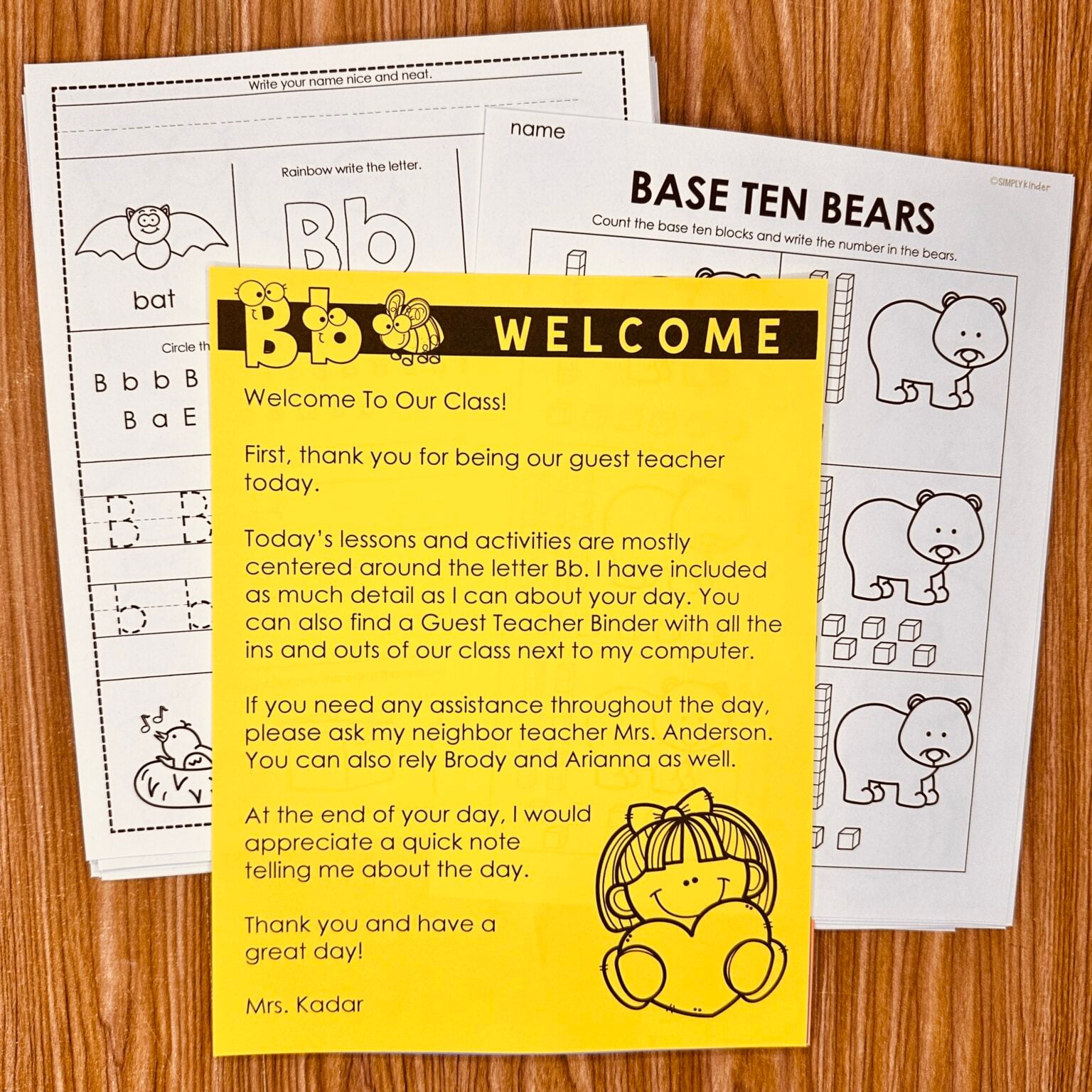 Editable Letter B Themed Sub Plans - Simply Kinder + Printable Membership
