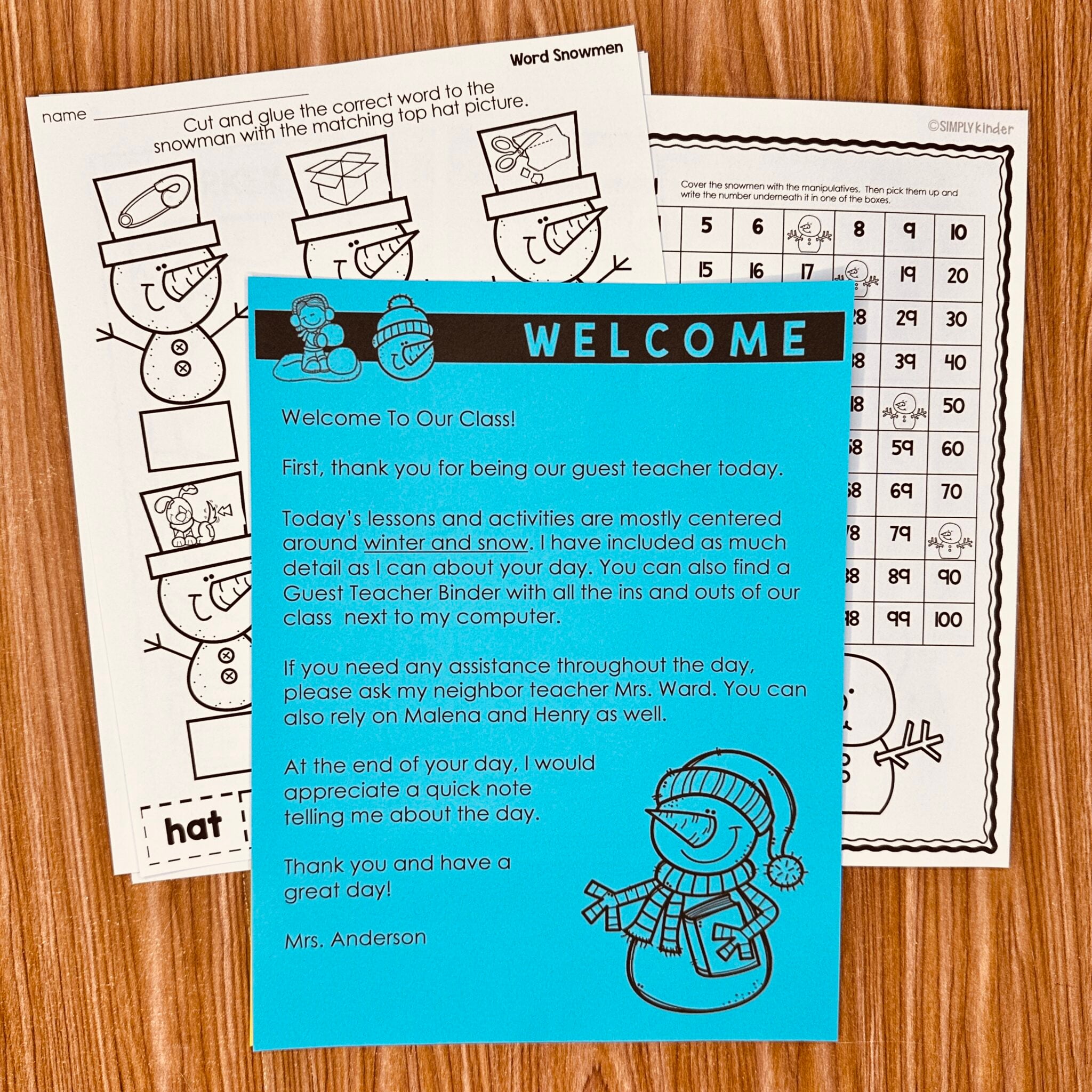 Editable Snowmen Themed Sub Plans - Simply Kinder + Printable Membership