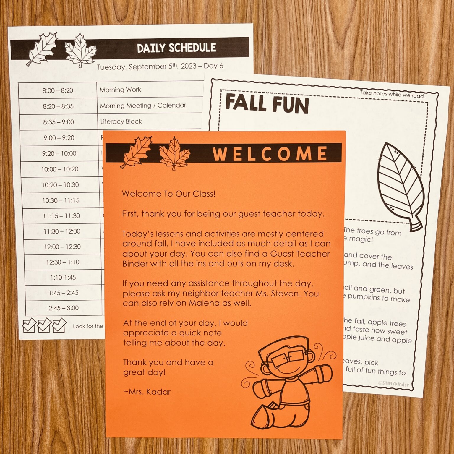 Editable Fall Themed Sub Plans - Simply Kinder + Printable Membership