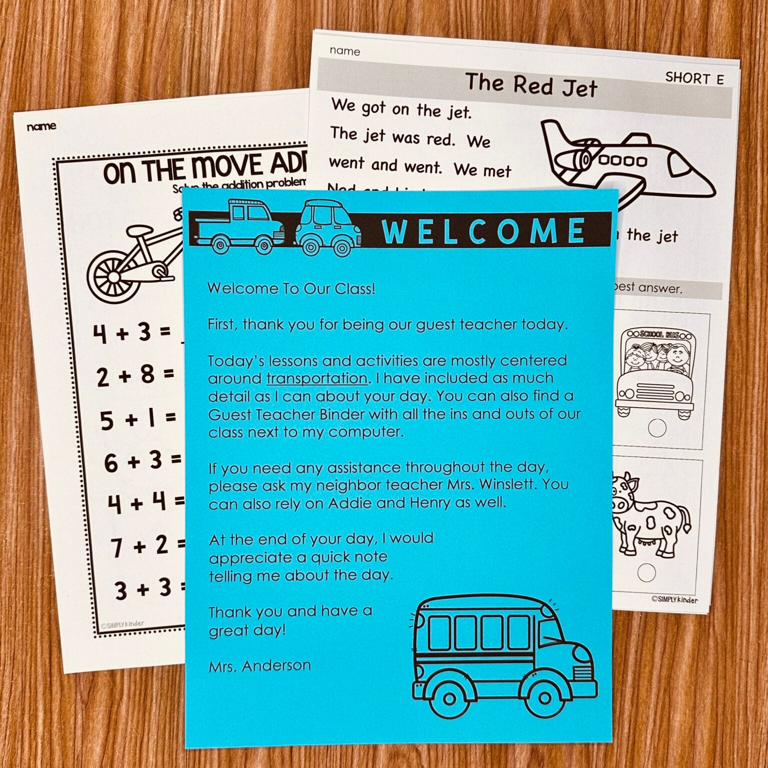 Editable Transportation Themed Sub Plans - Simply Kinder + Printable ...