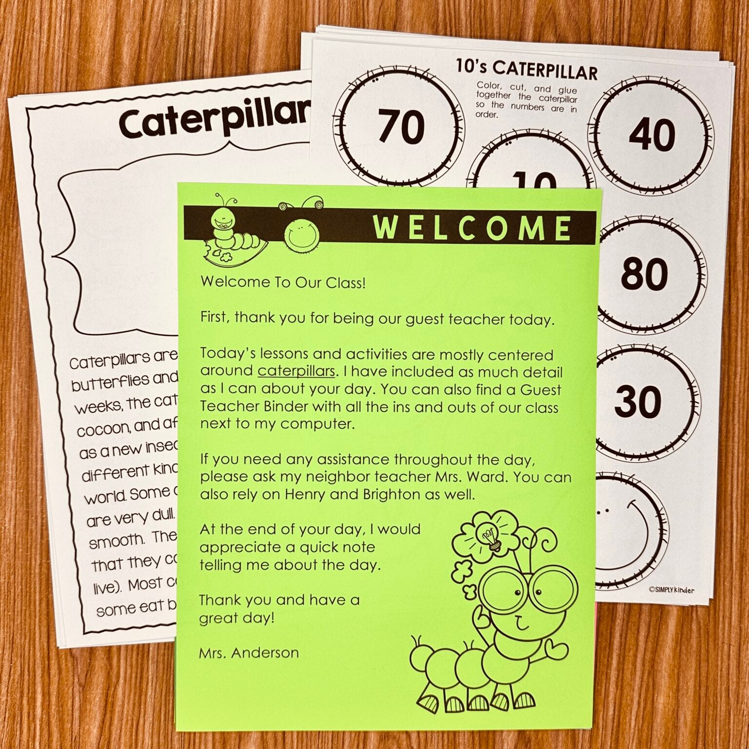 Editable Caterpillar Themed Sub Plans - Simply Kinder + Printable ...