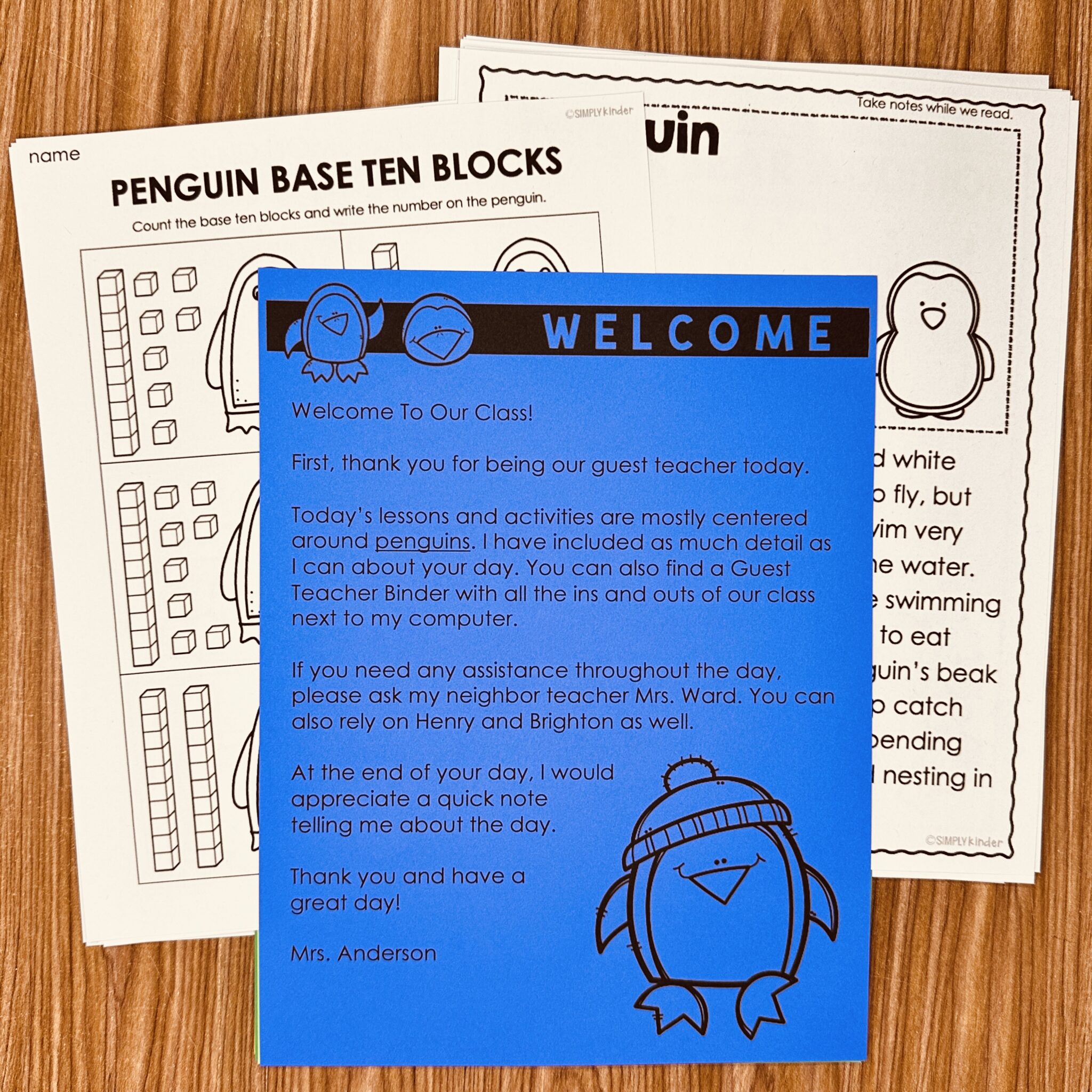 Editable Penguins Themed Sub Plans - Simply Kinder + Printable Membership