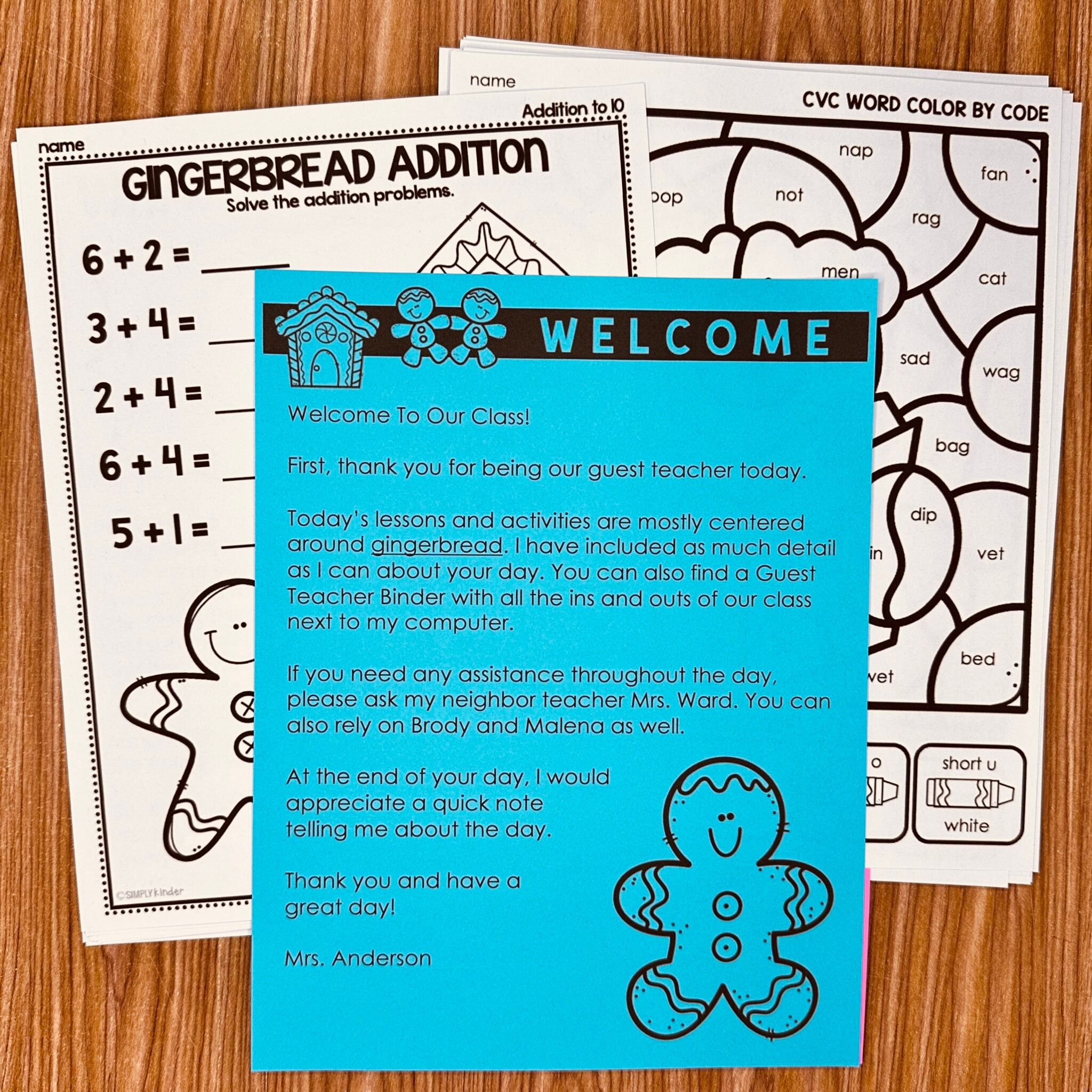 Editable Gingerbread Themed Sub Plans - Simply Kinder + Printable ...