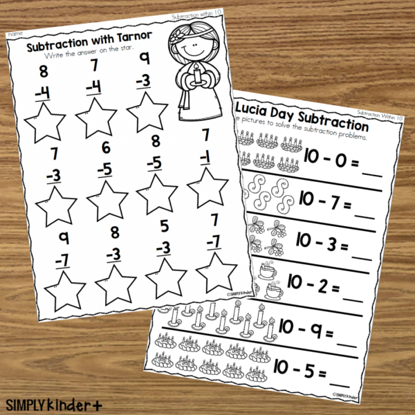St. Lucia Day Subtraction Printables - Simply Kinder + Printable Membership