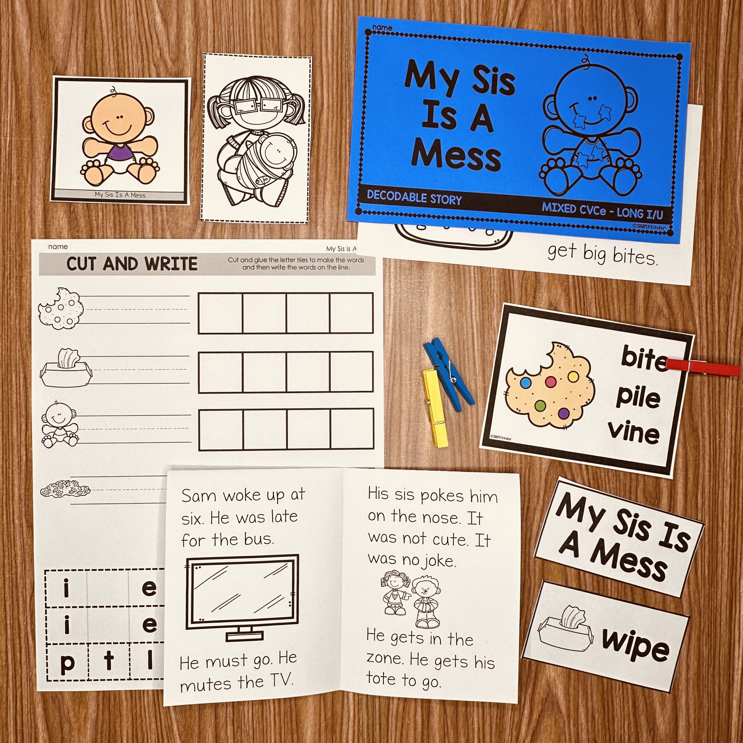 Decodable Reader with Word Work: Mixed CVCe Long I & Long U - My Sis Is ...