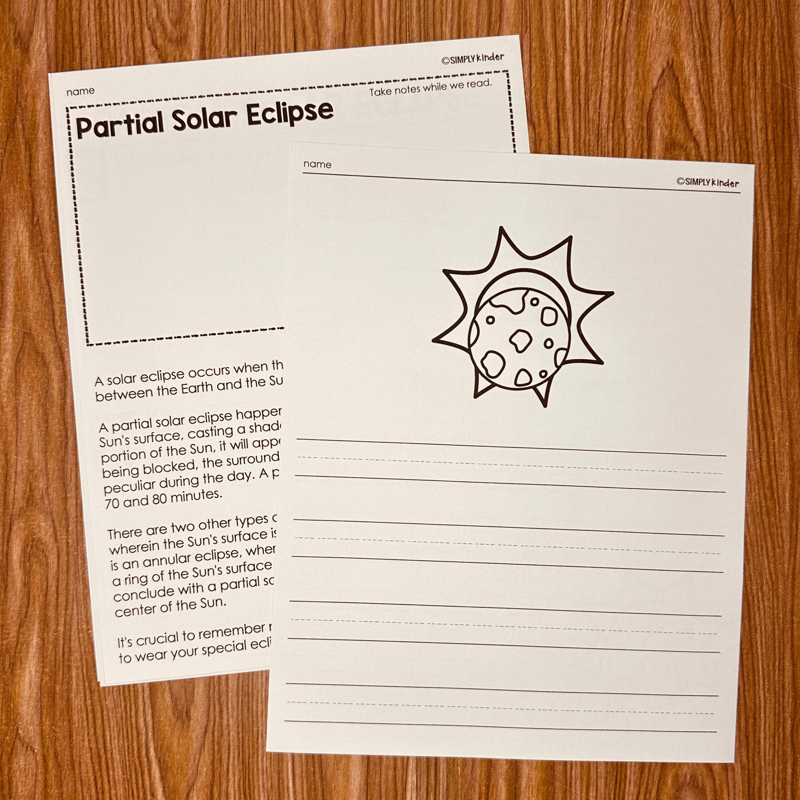 Partial Solar Eclipse Informative Passage - Simply Kinder + Printable ...