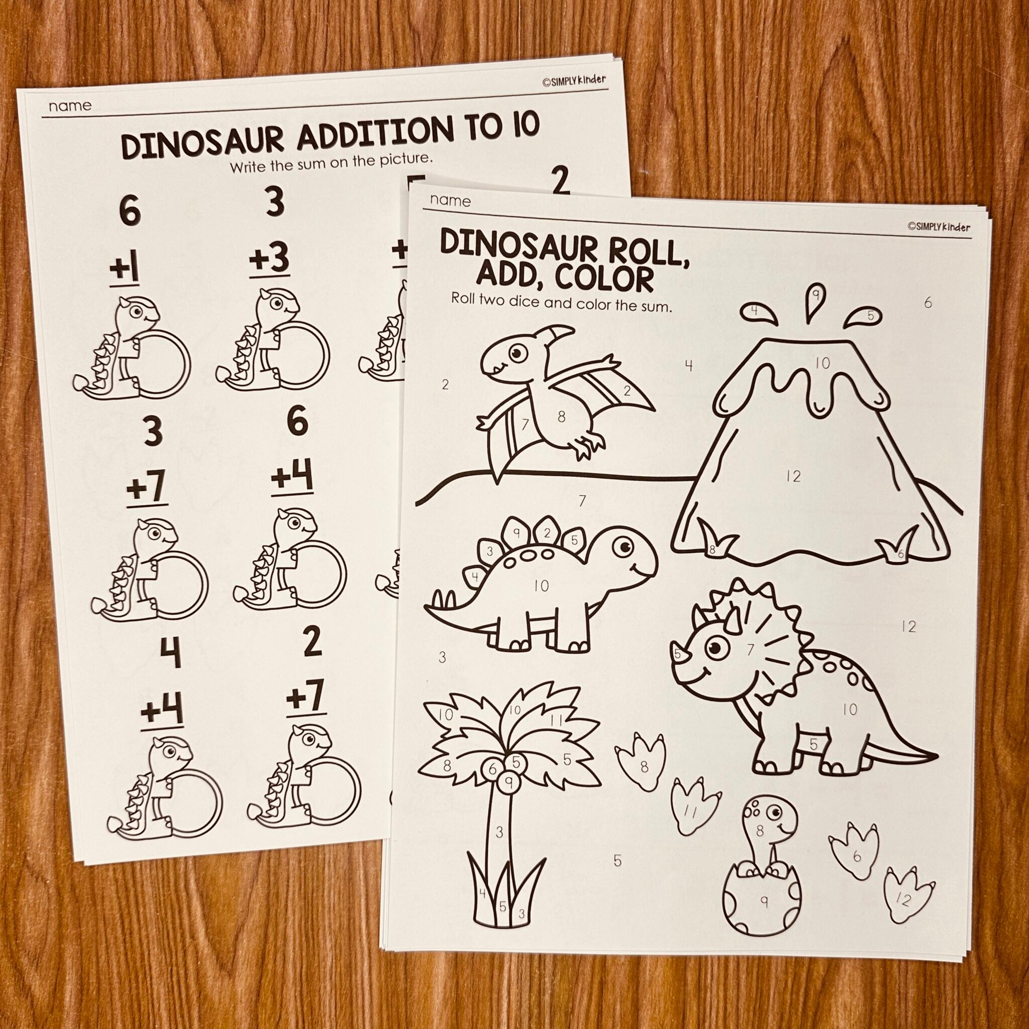Dinosaur Day Addition Worksheets - Simply Kinder + Printable Membership