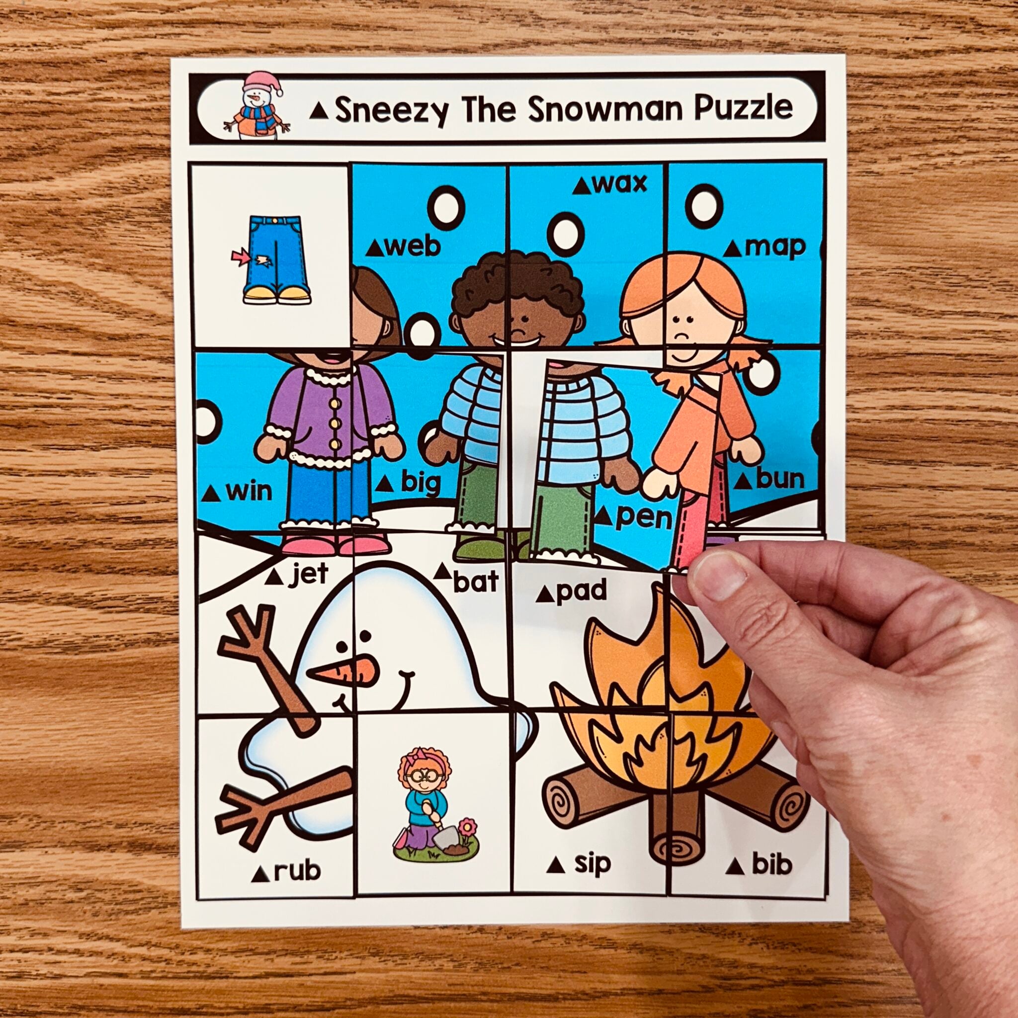 Sneezy The Snowman CVC Center Picture Puzzles - Simply Kinder Plus