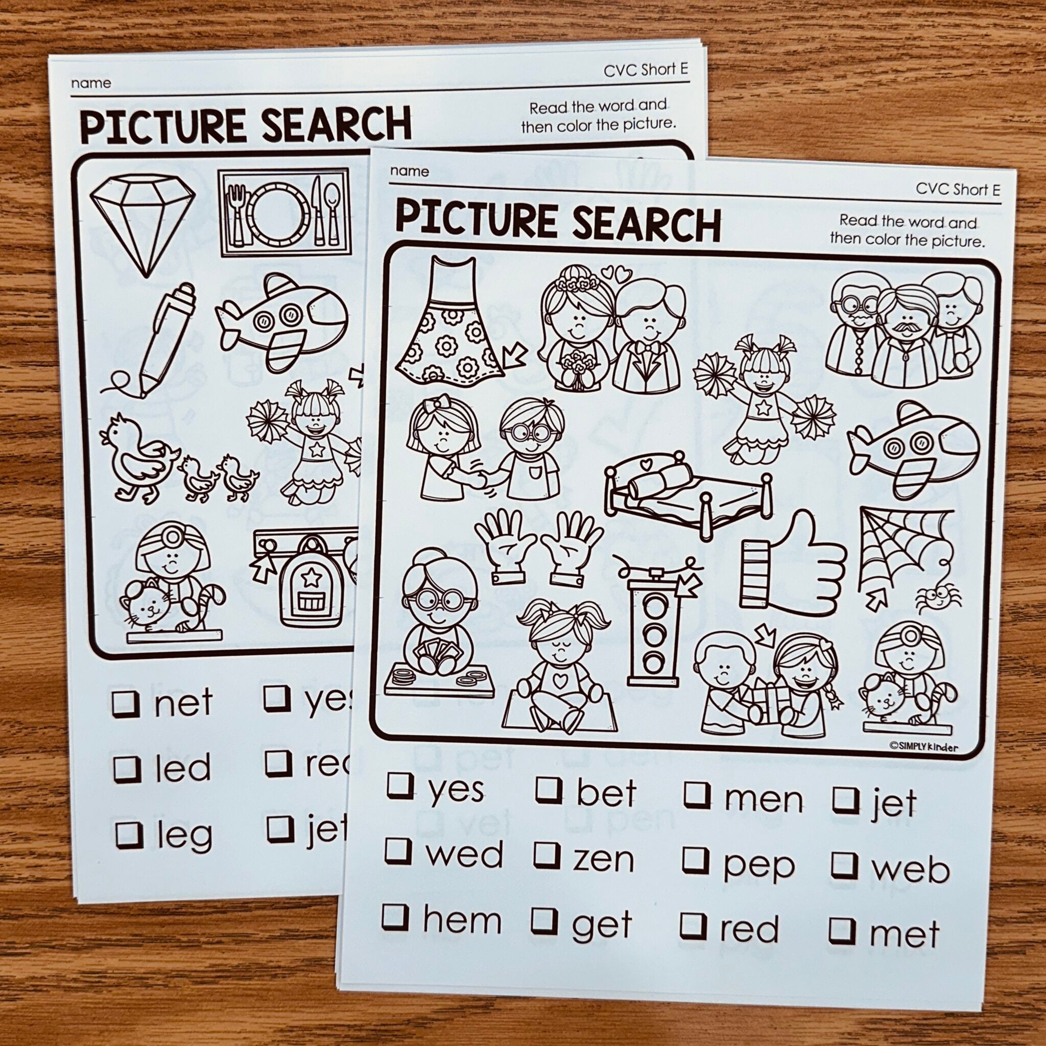 CVC No-Prep Worksheets: Picture Searches Short E - Simply Kinder ...