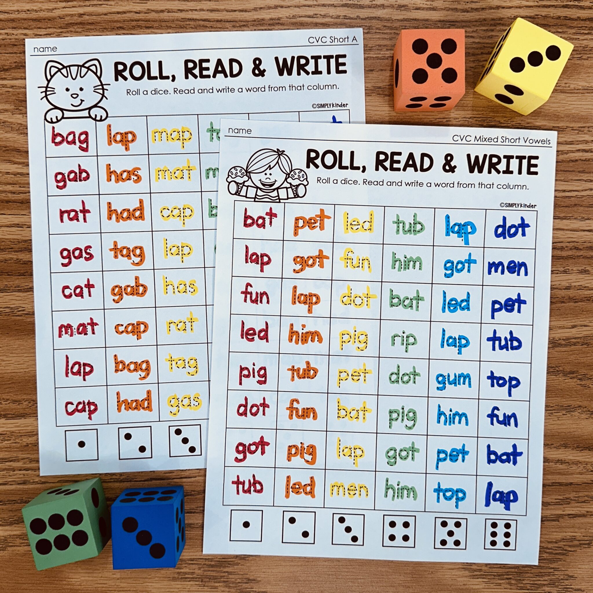 CVC No-Prep Worksheets: Roll And Write - Simply Kinder + Printable ...