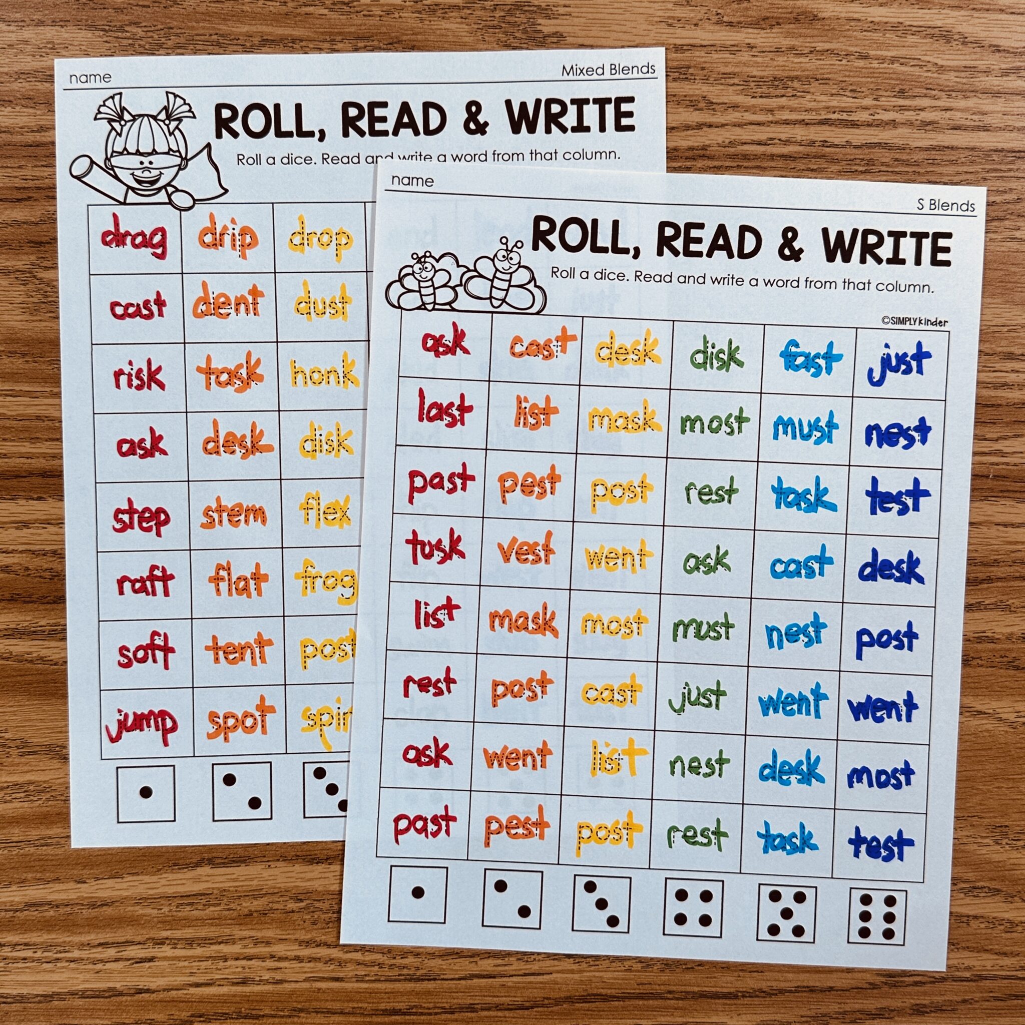 Blends No-Prep Worksheets: Roll, Read, & Write - Simply Kinder Plus