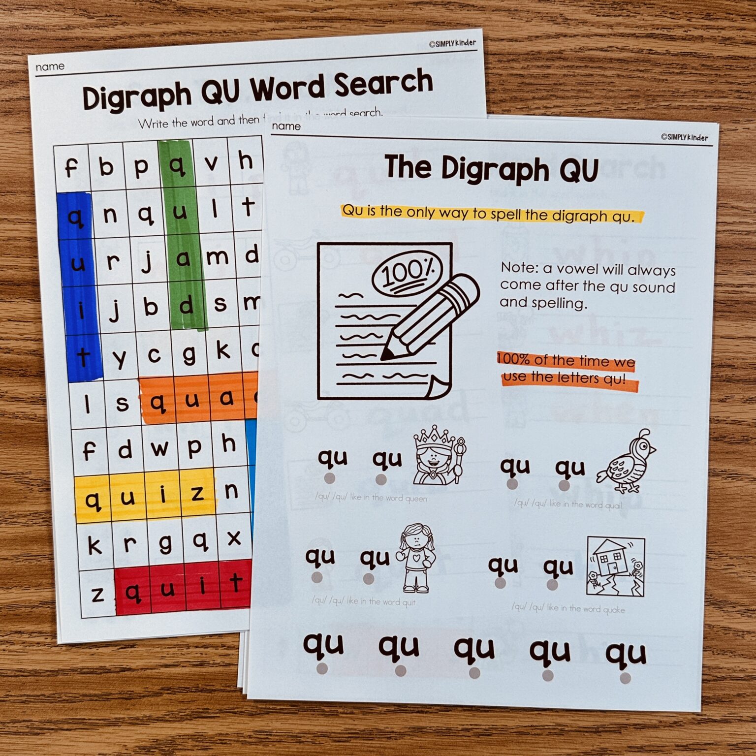 Digraphs QU Phonics Worksheets - Simply Kinder + Printable Membership