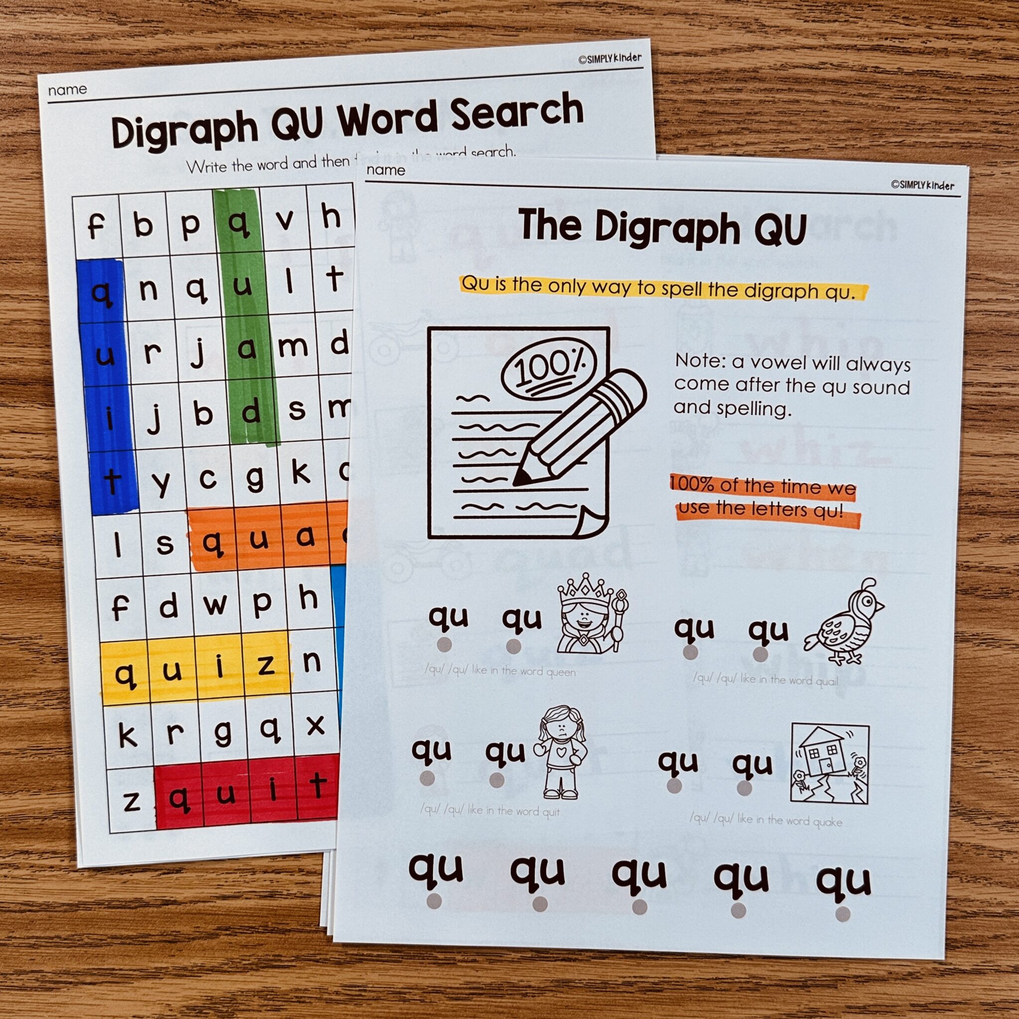 Digraphs QU Phonics Worksheets - Simply Kinder + Printable Membership