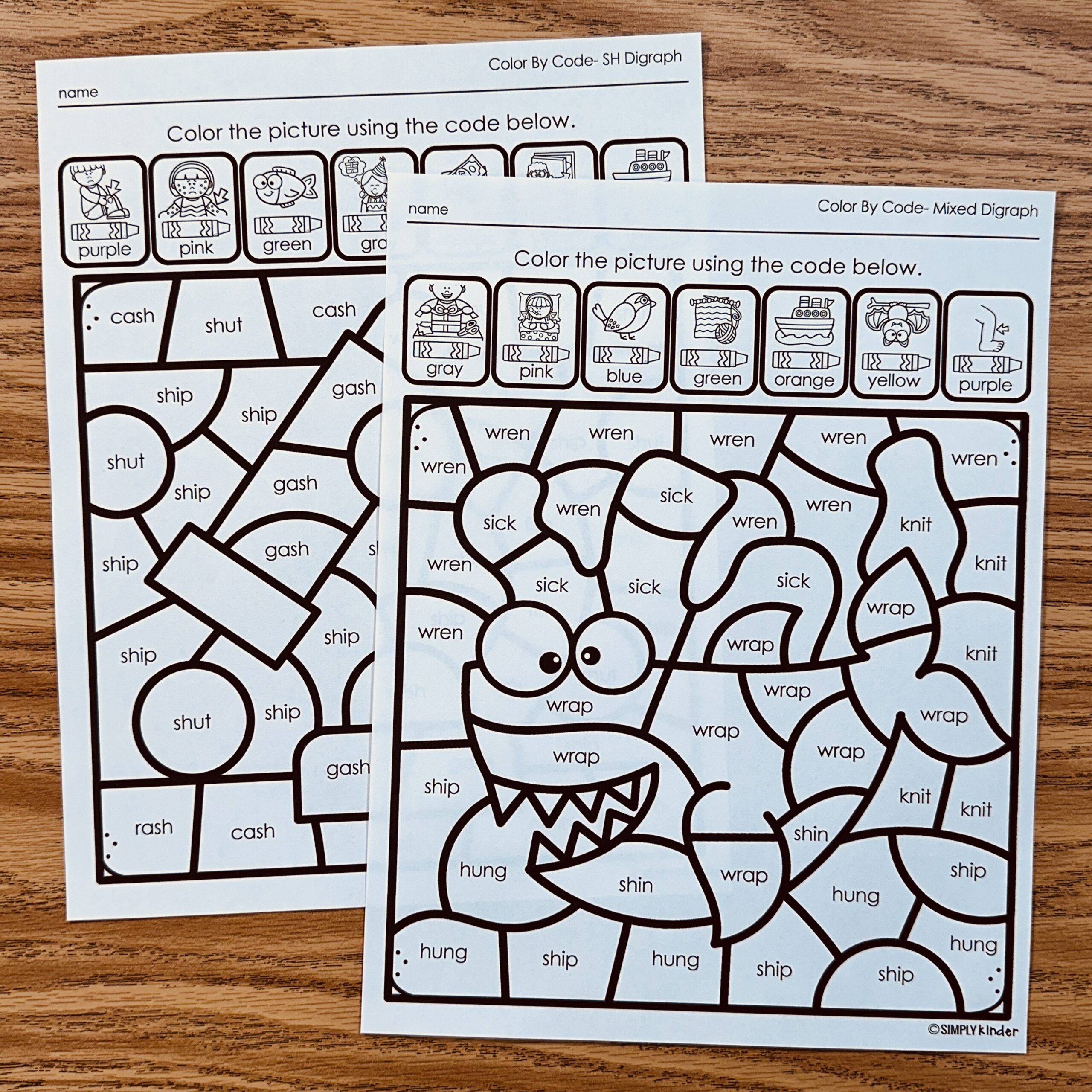 Digraphs No-Prep Worksheets: Color By Code - Simply Kinder + Printable ...