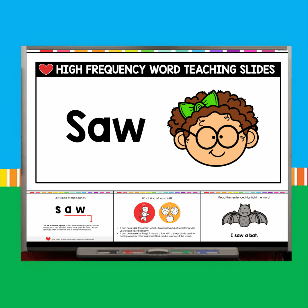 Saw Sight Word Teaching Slides - Simply Kinder + Printable Membership