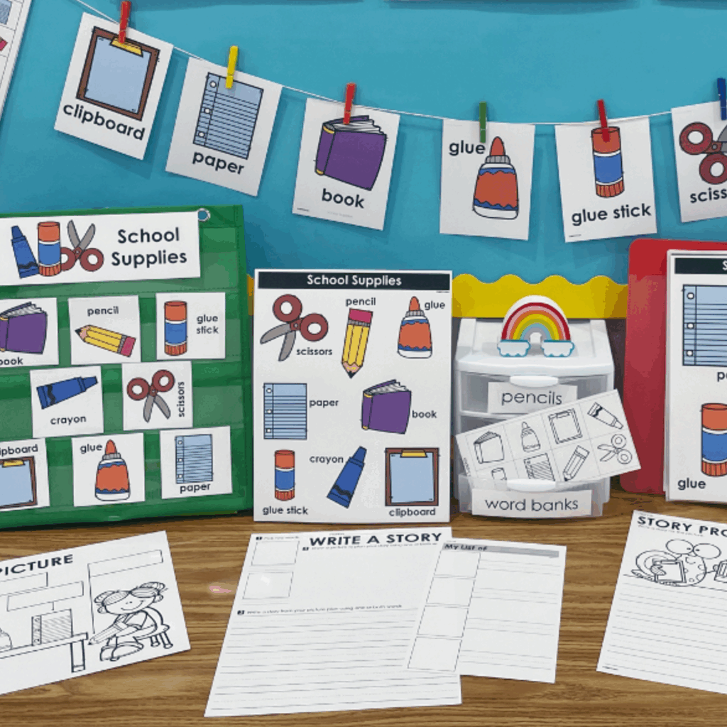 School Supplies Word Bank Writing Center - Simply Kinder + Printable ...