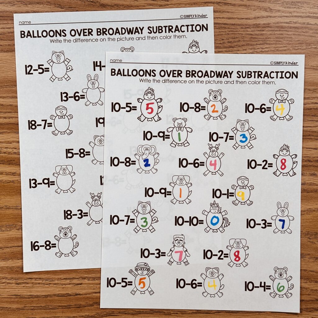 Balloons Over Broadway Subtraction Printables - Simply Kinder ...