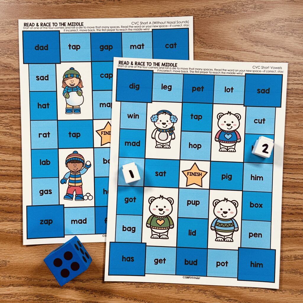 Winter CVC Race To The Middle No Prep Game - Simply Kinder + Printable ...