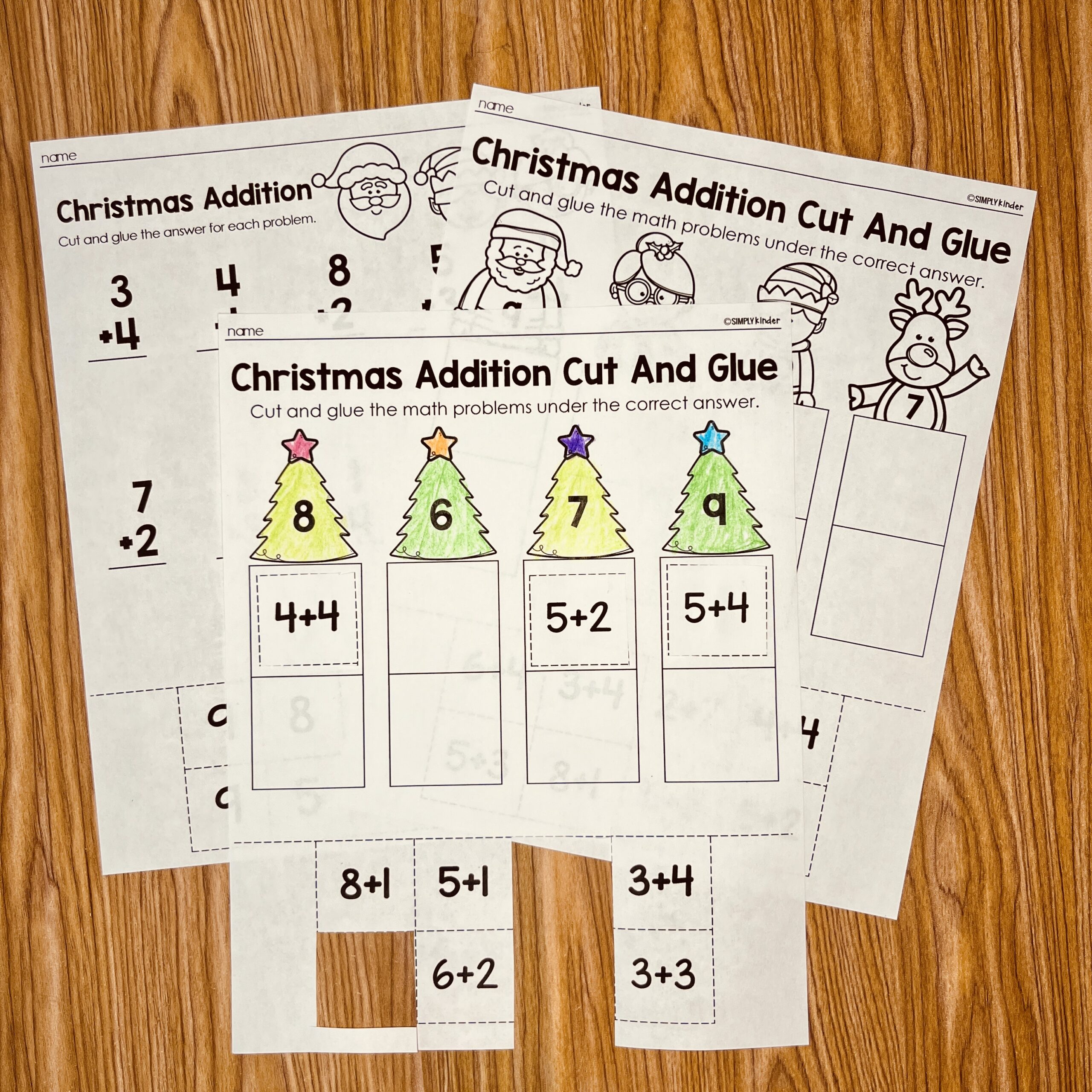 Christmas Addition Cut and Paste Worksheets - Simply Kinder + Printable ...