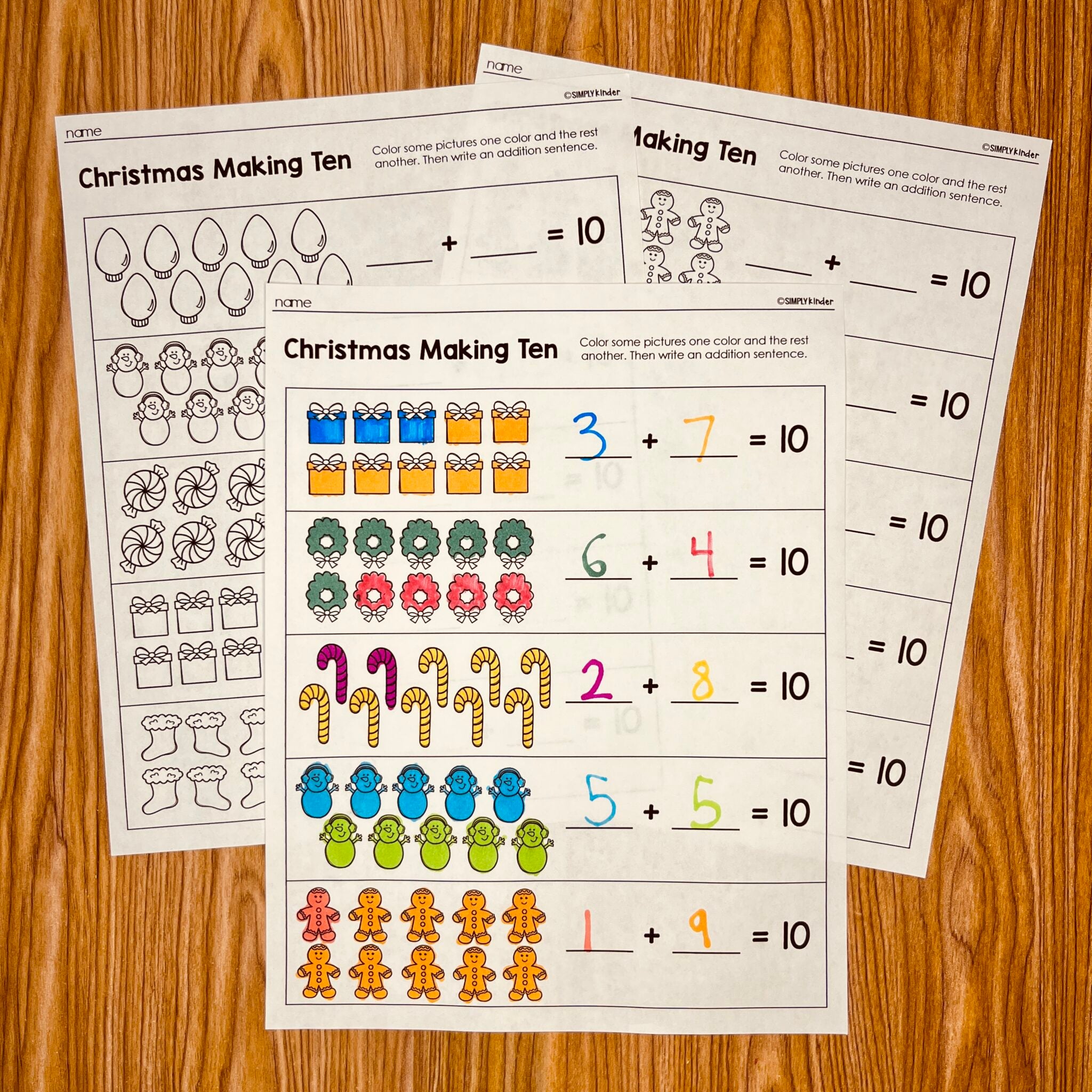 Christmas Addition Making Ten Worksheets - Simply Kinder + Printable ...