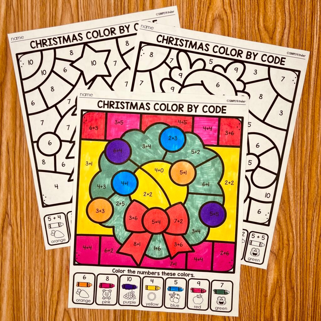 Christmas Addition Color By Code Worksheets - Simply Kinder + Printable ...