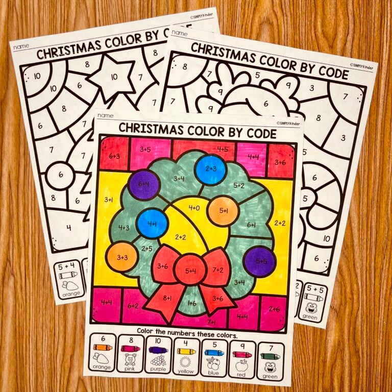 Christmas Addition Color By Code Worksheets - Simply Kinder + Printable ...
