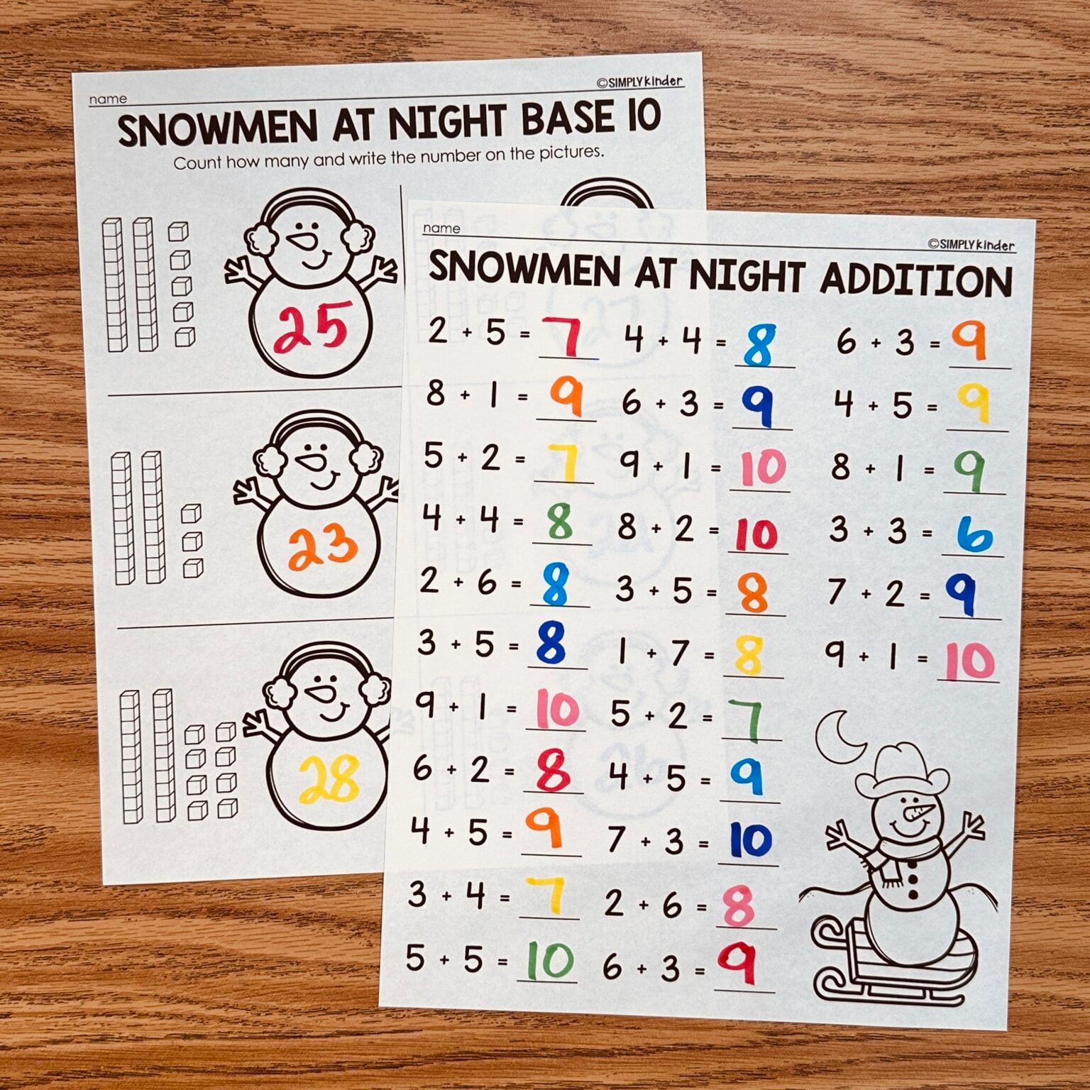 Snowmen At Night Math Printables - Simply Kinder + Printable Membership