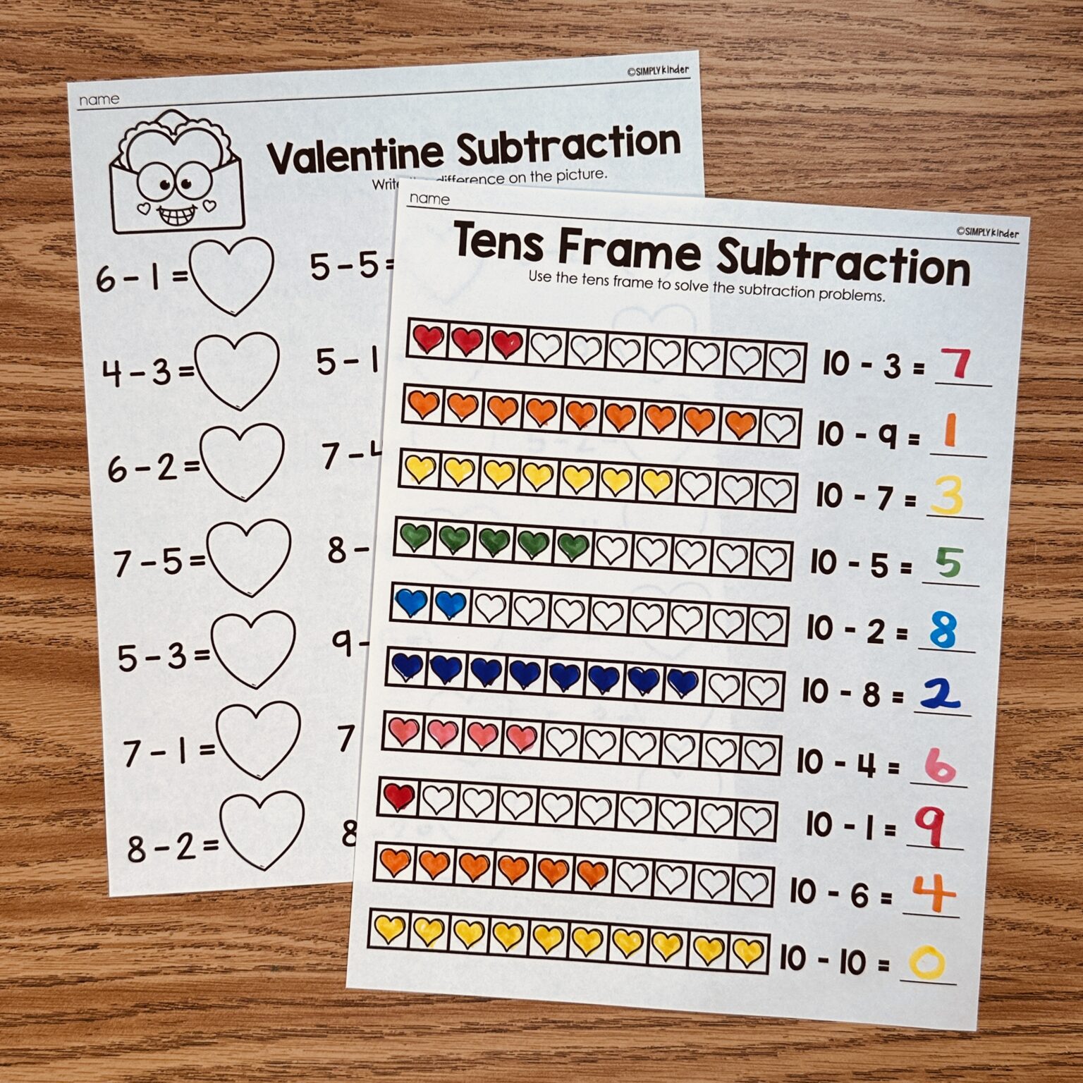 February Subtracton Printables - Simply Kinder + Printable Membership