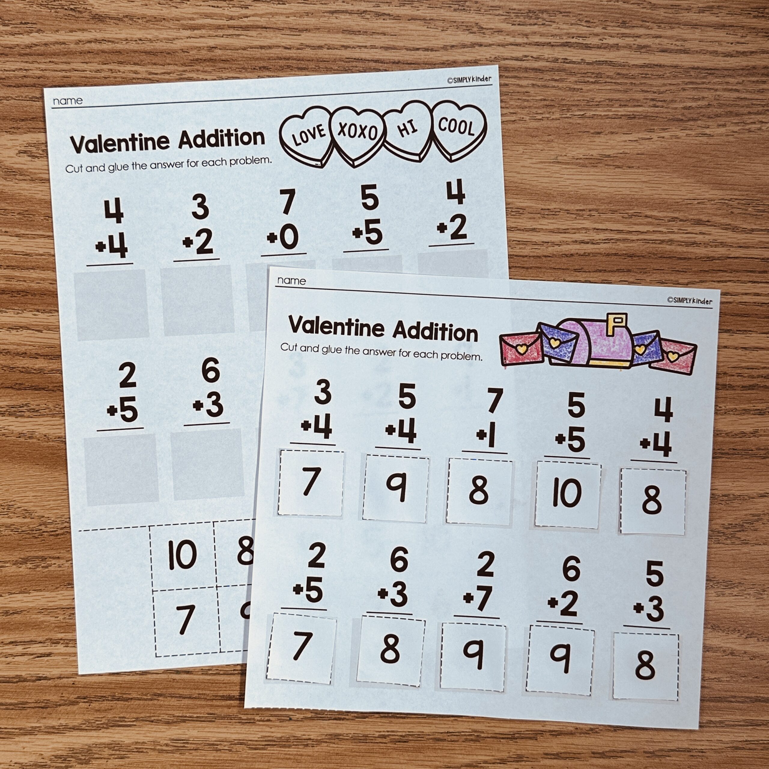Valentine's Day No-Prep Addition Printables: Cut and Glue Printables ...