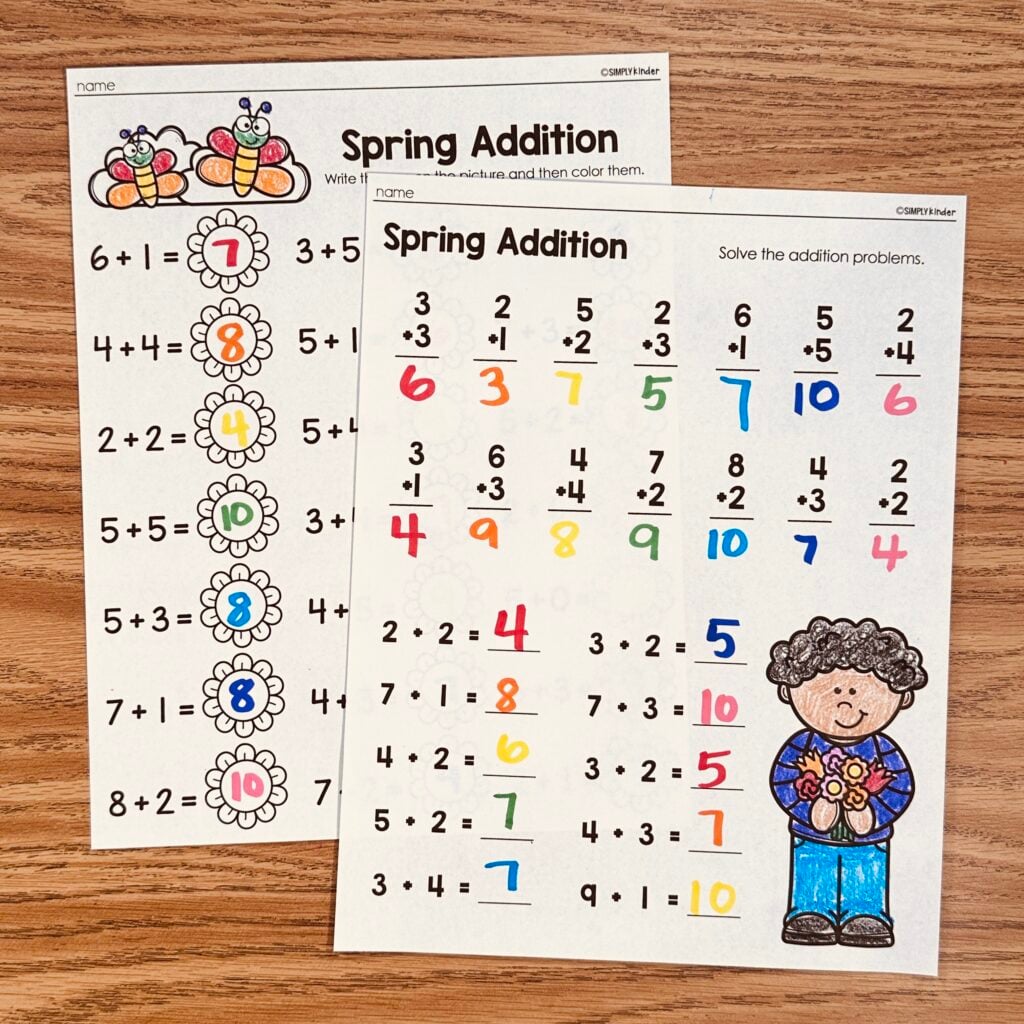 Spring No-Prep Addition Printables - Simply Kinder + Printable Membership