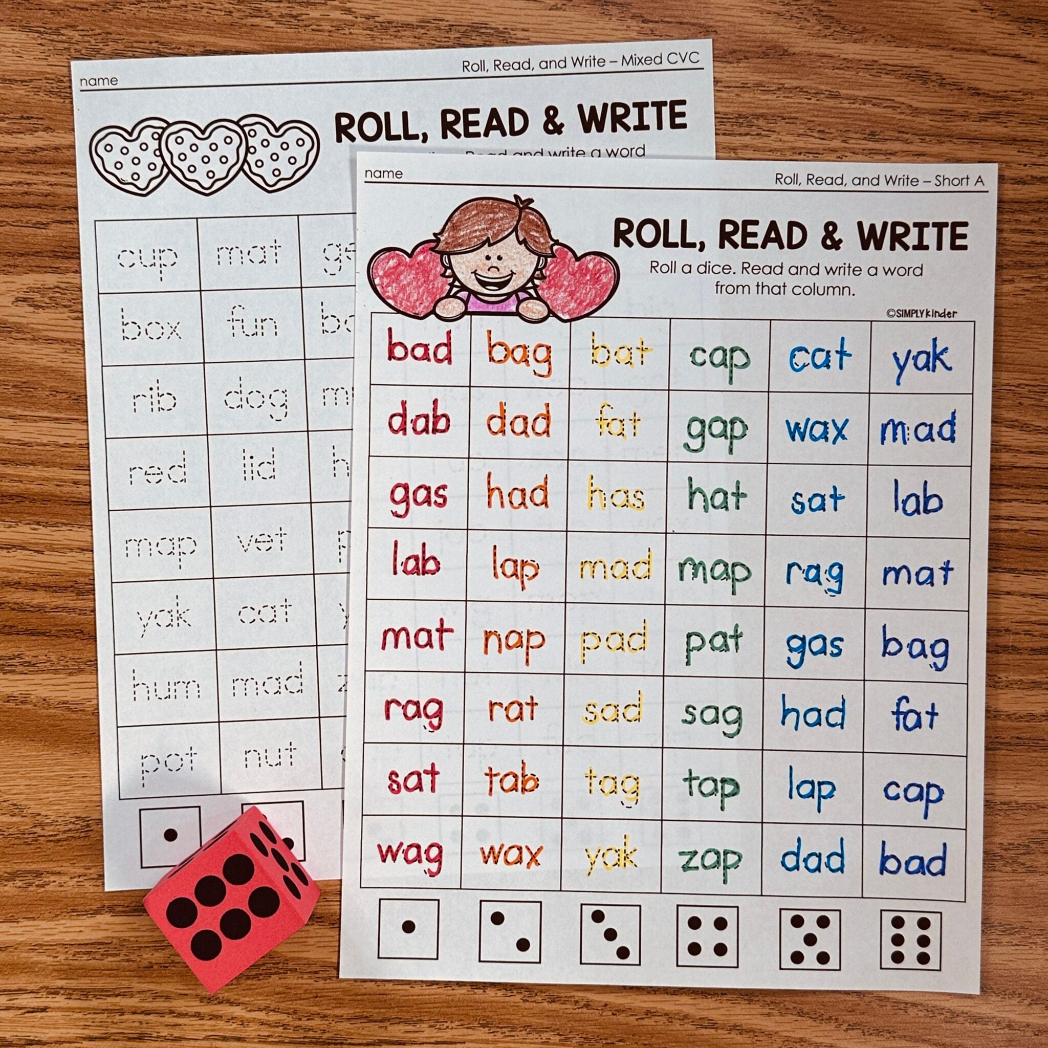 Valentine CVC Roll, Read, And Write - Simply Kinder + Printable Membership