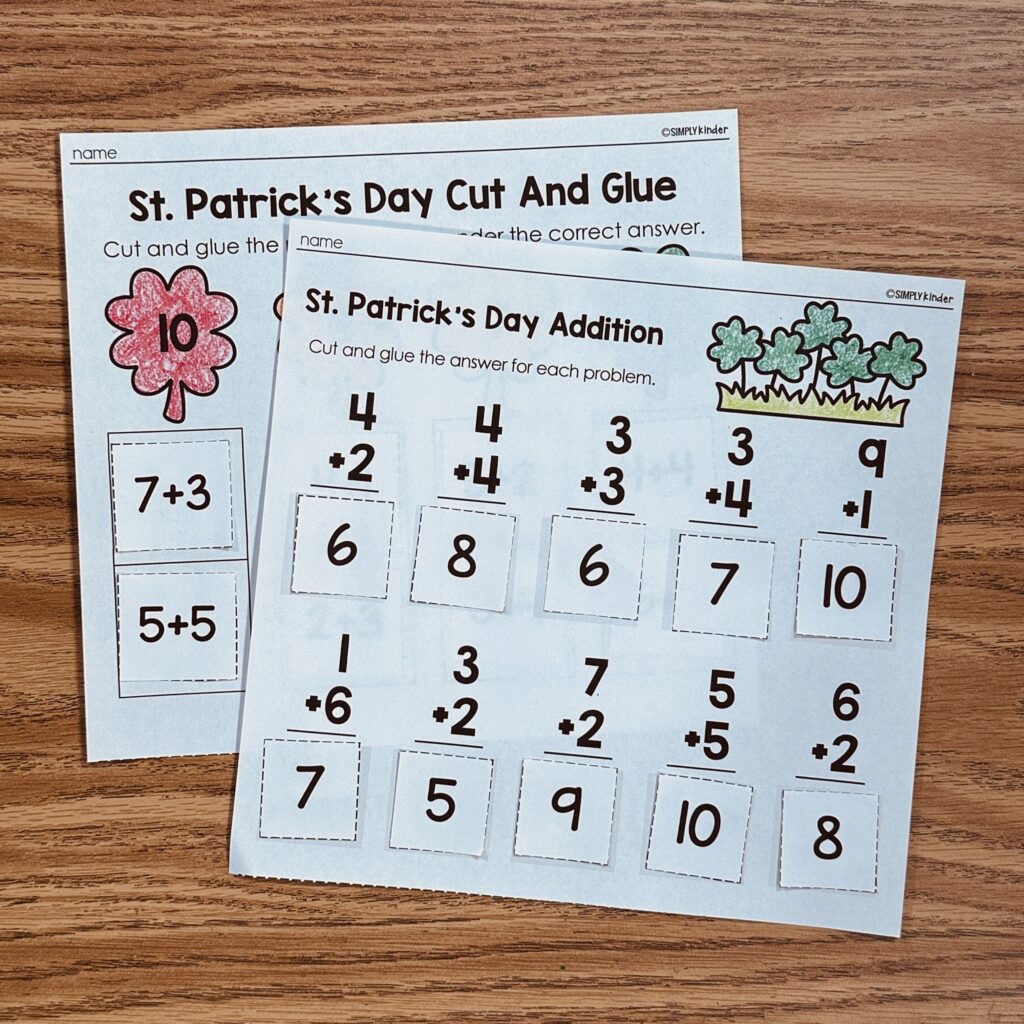 St. Patrick's Day No-Prep Addition Printables: Cut and Glue Printables ...