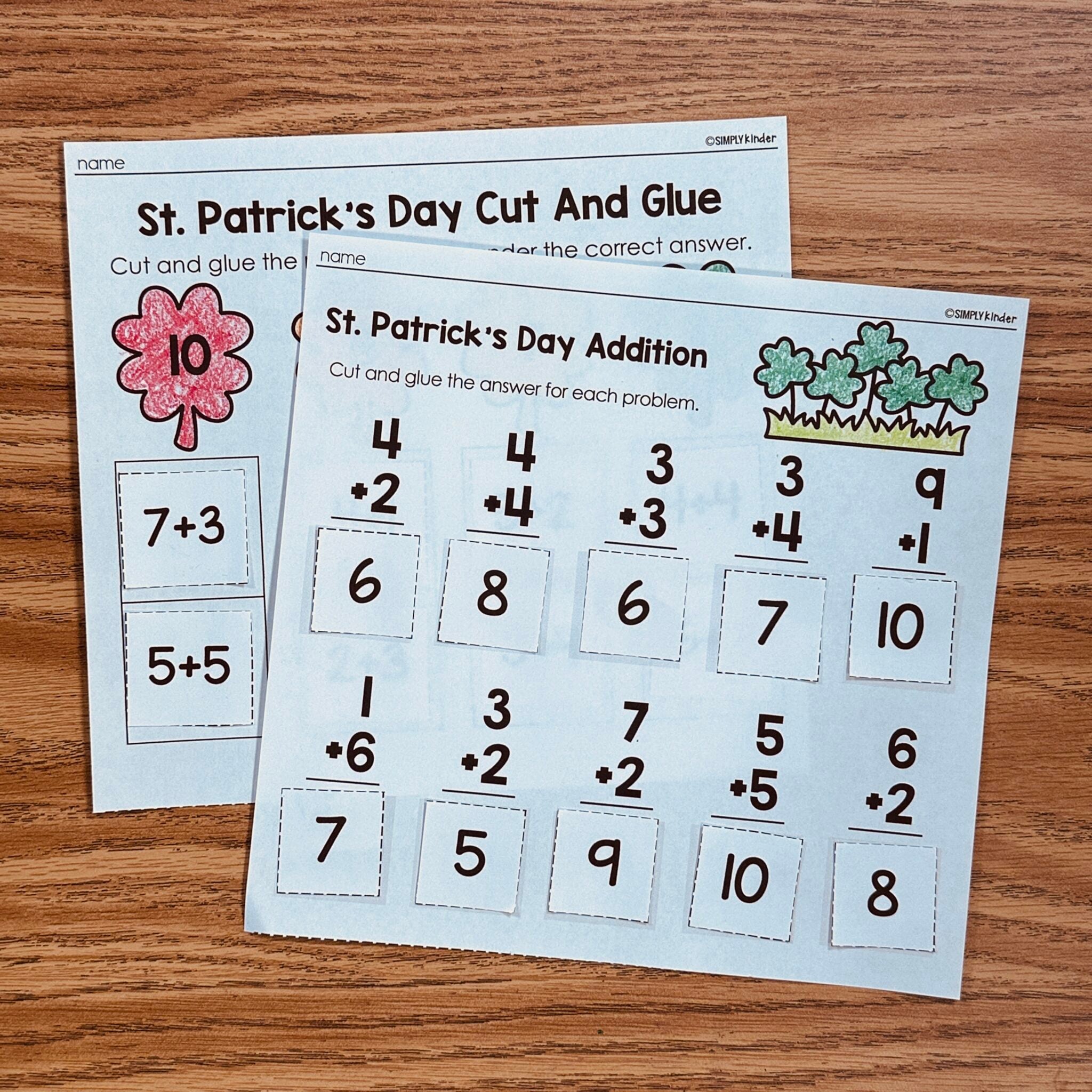 St. Patrick's Day No-Prep Addition Printables: Cut and Glue Printables ...