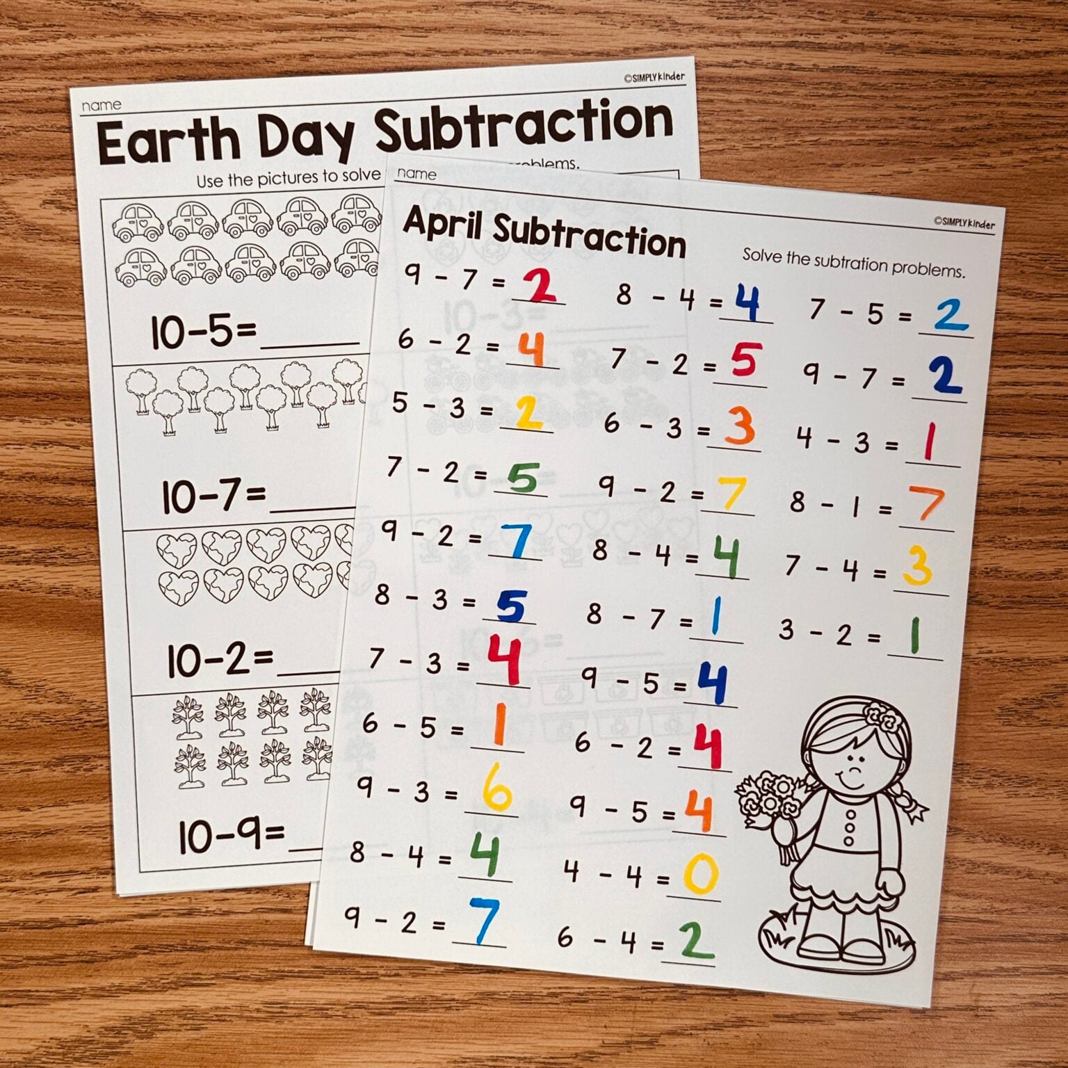 April Subtraction Printables - Simply Kinder + Printable Membership