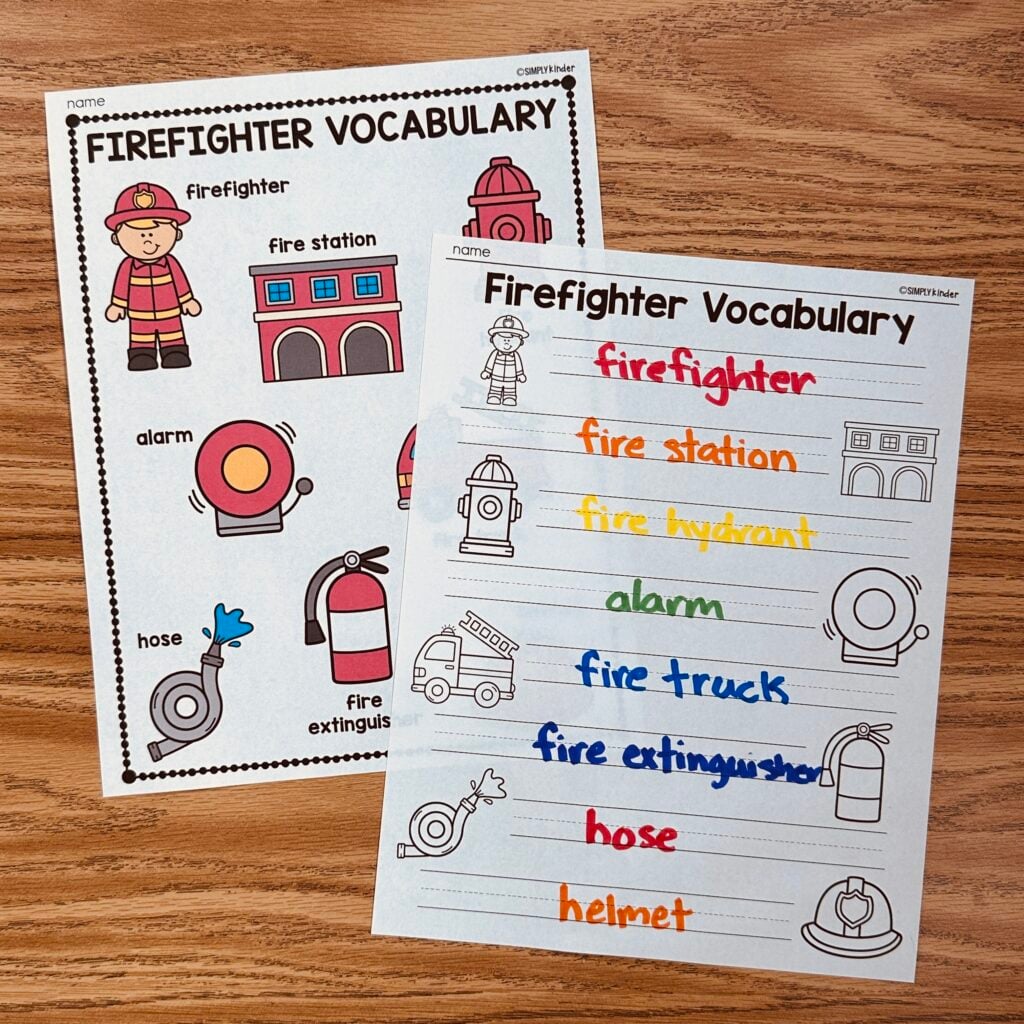 Firefighter Vocabulary - Simply Kinder + Printable Membership
