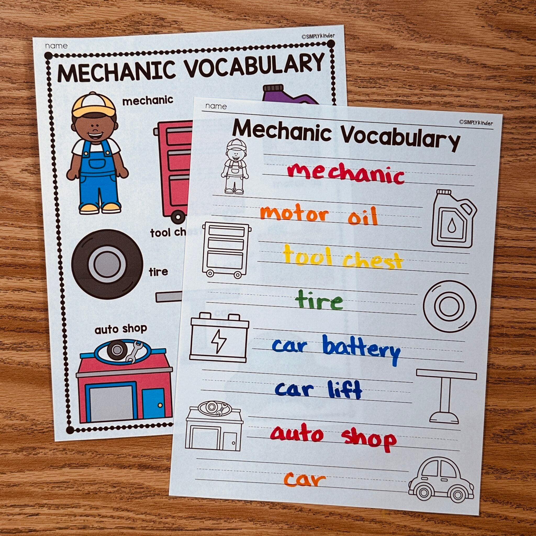 Mechanic Vocabulary - Simply Kinder + Printable Membership