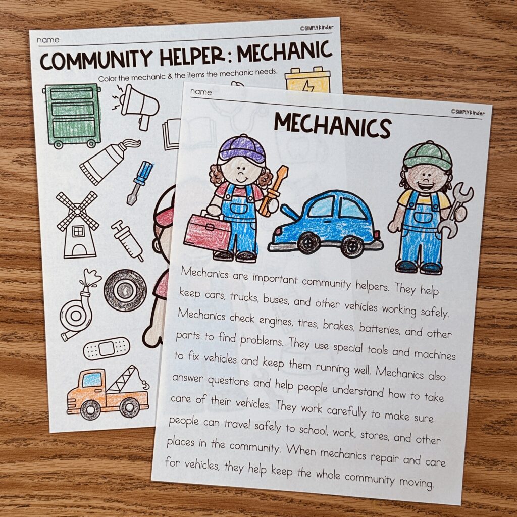 Mechanic Community Helper Informational Passage & Sorting Printables ...